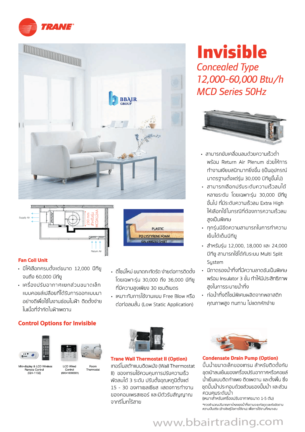 แอร์เทรน TRANE แบบแยกส่วนชนิดซ่อนในฝ้า INVISIBLE STANDARD SERIES HIGH ...